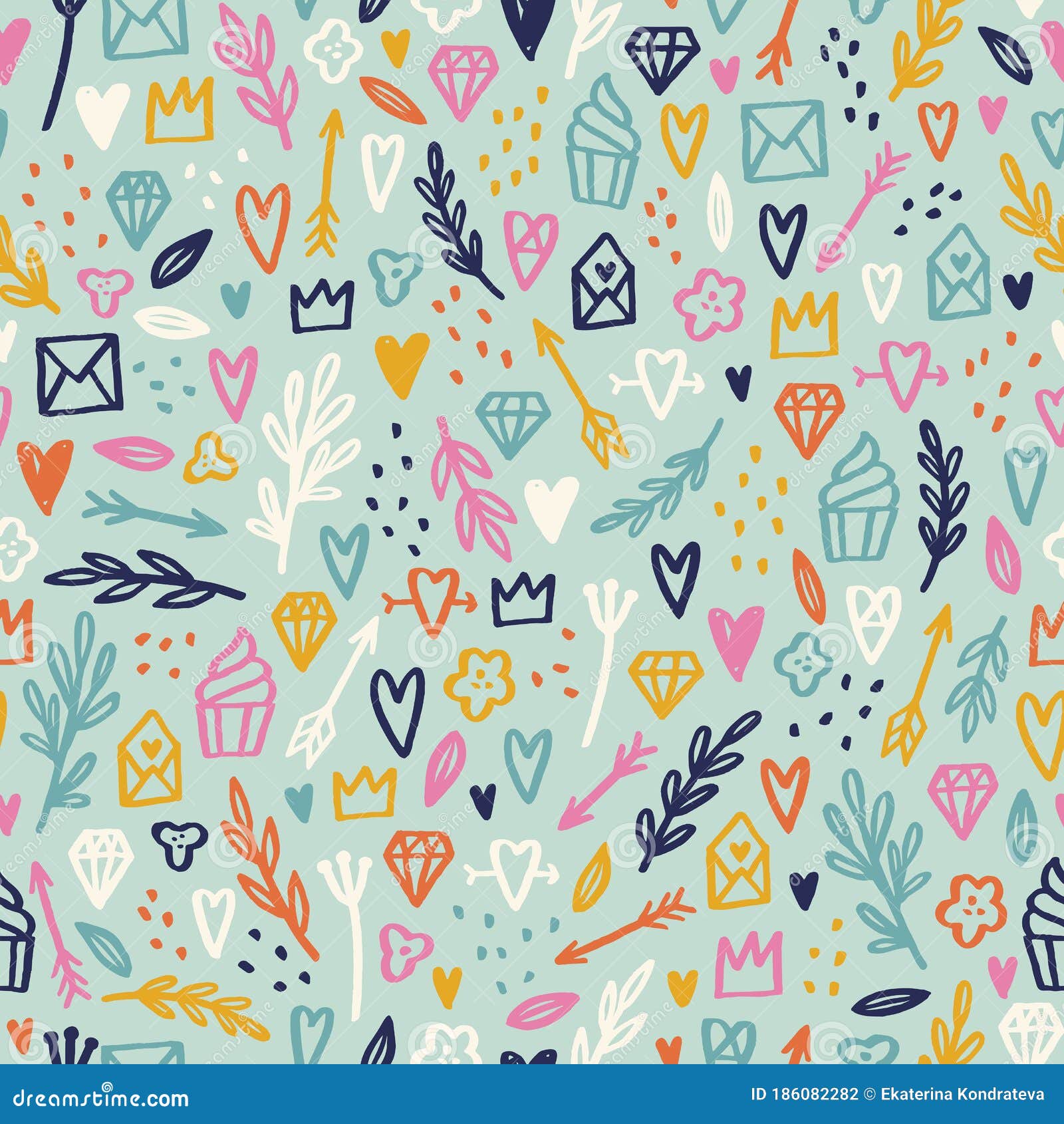Cute Hand Drawn Romantic Doodles Seamless Pattern. Stock Vector ...