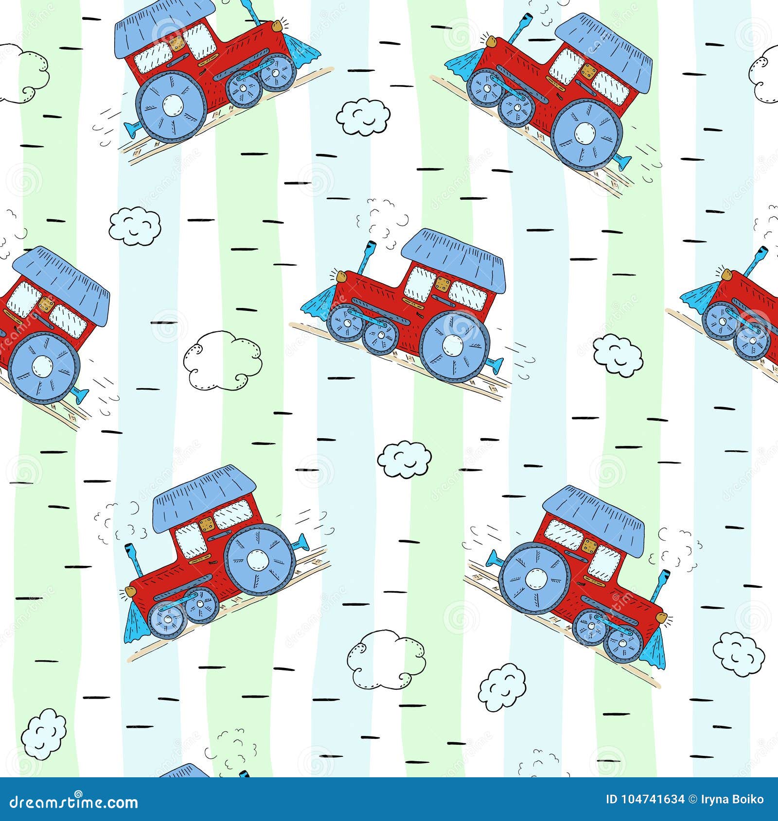 Cute Hand Drawn Seamless Pattern with Cartoon Trains Stock Vector ...