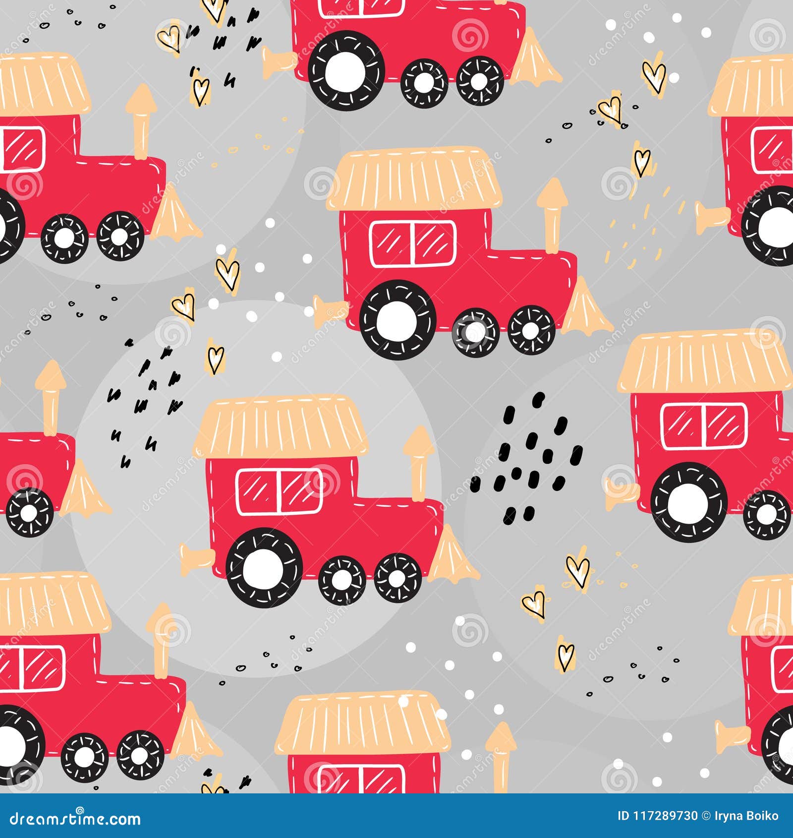 Cute Hand Drawn Seamless Pattern with Cartoon Trains Stock Vector ...