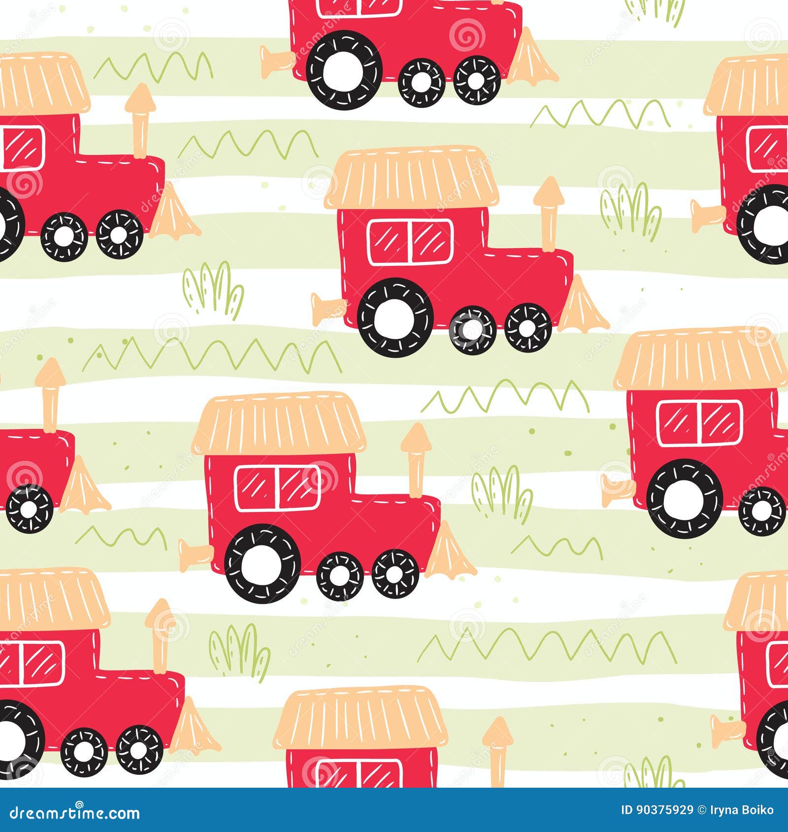 Cute Hand Drawn Seamless Pattern with Cartoon Trains Stock Vector ...
