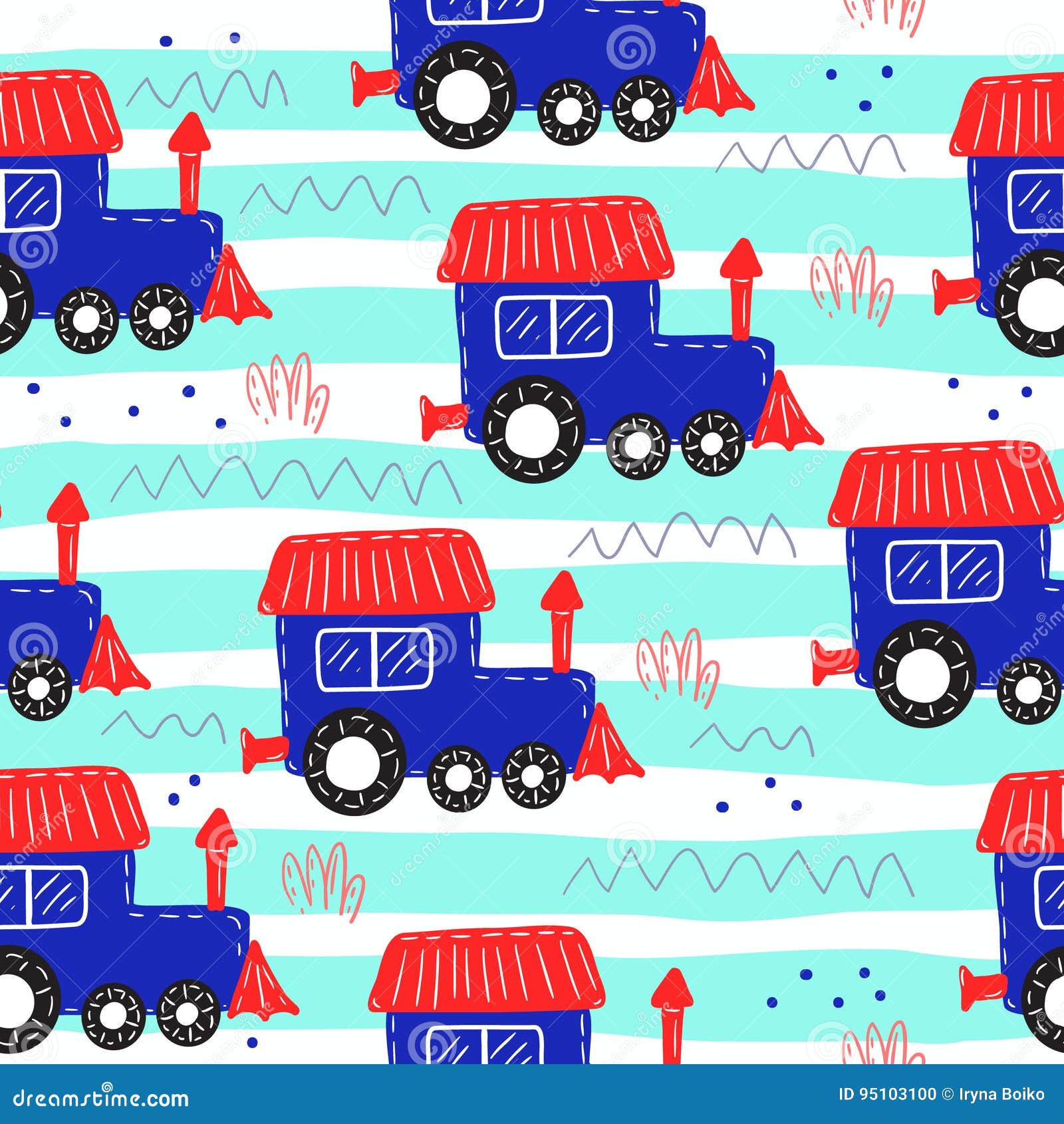 Cute Hand Drawn Seamless Pattern with Cartoon Trains Stock Vector ...
