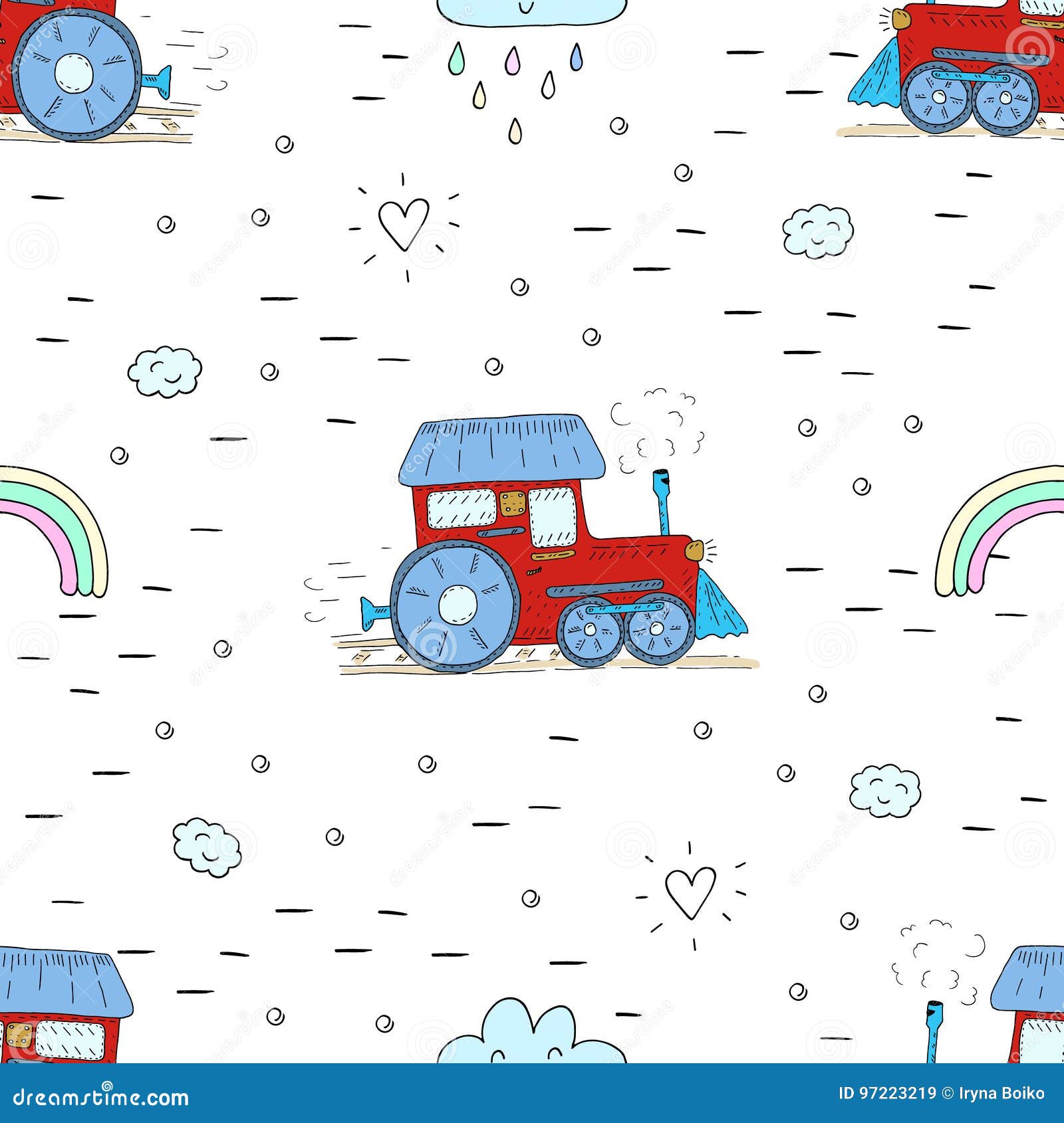 Cute Hand Drawn Seamless Pattern with Cartoon Trains Stock Vector ...