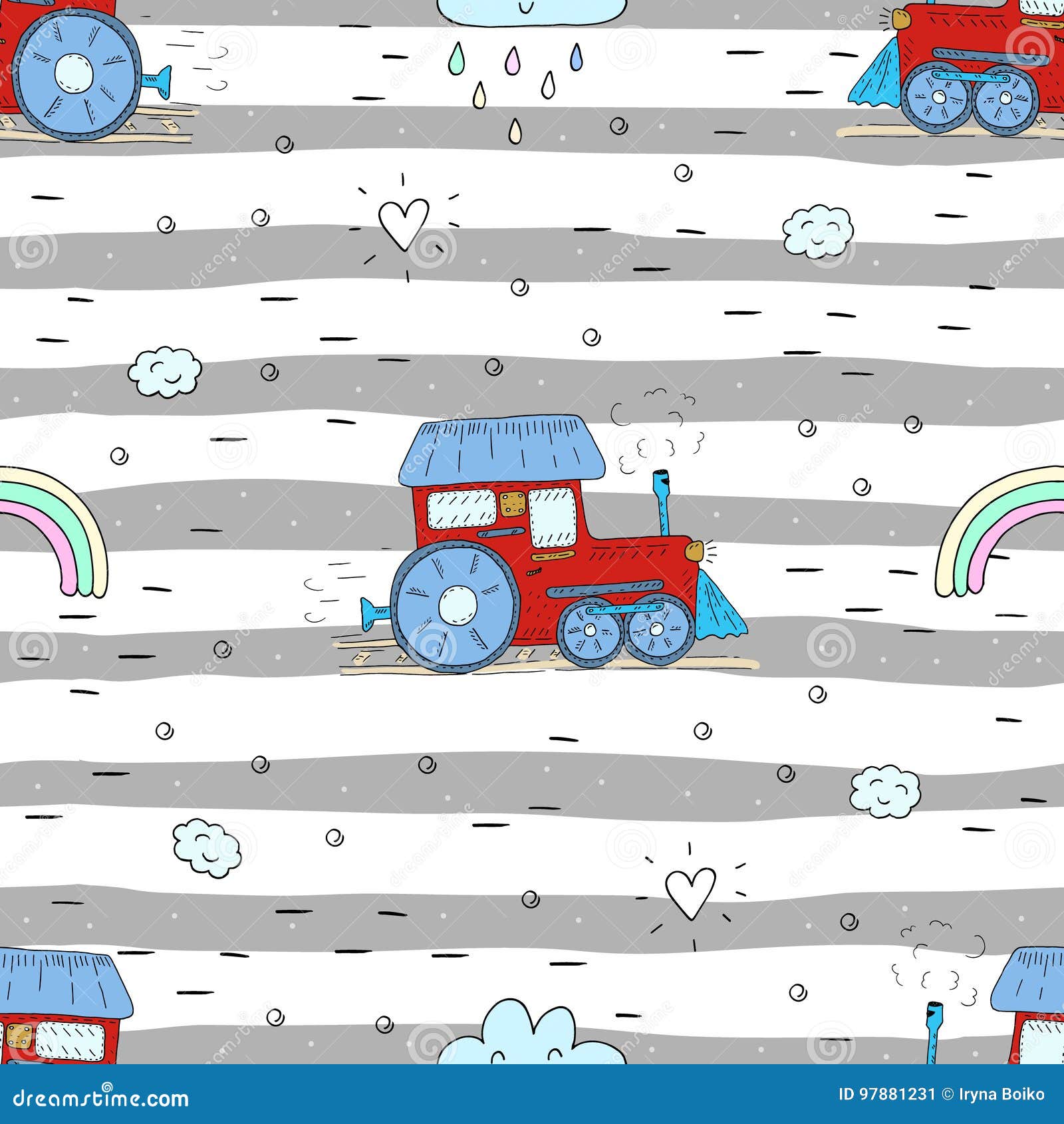 Cute Hand Drawn Seamless Pattern with Cartoon Trains Stock Vector ...