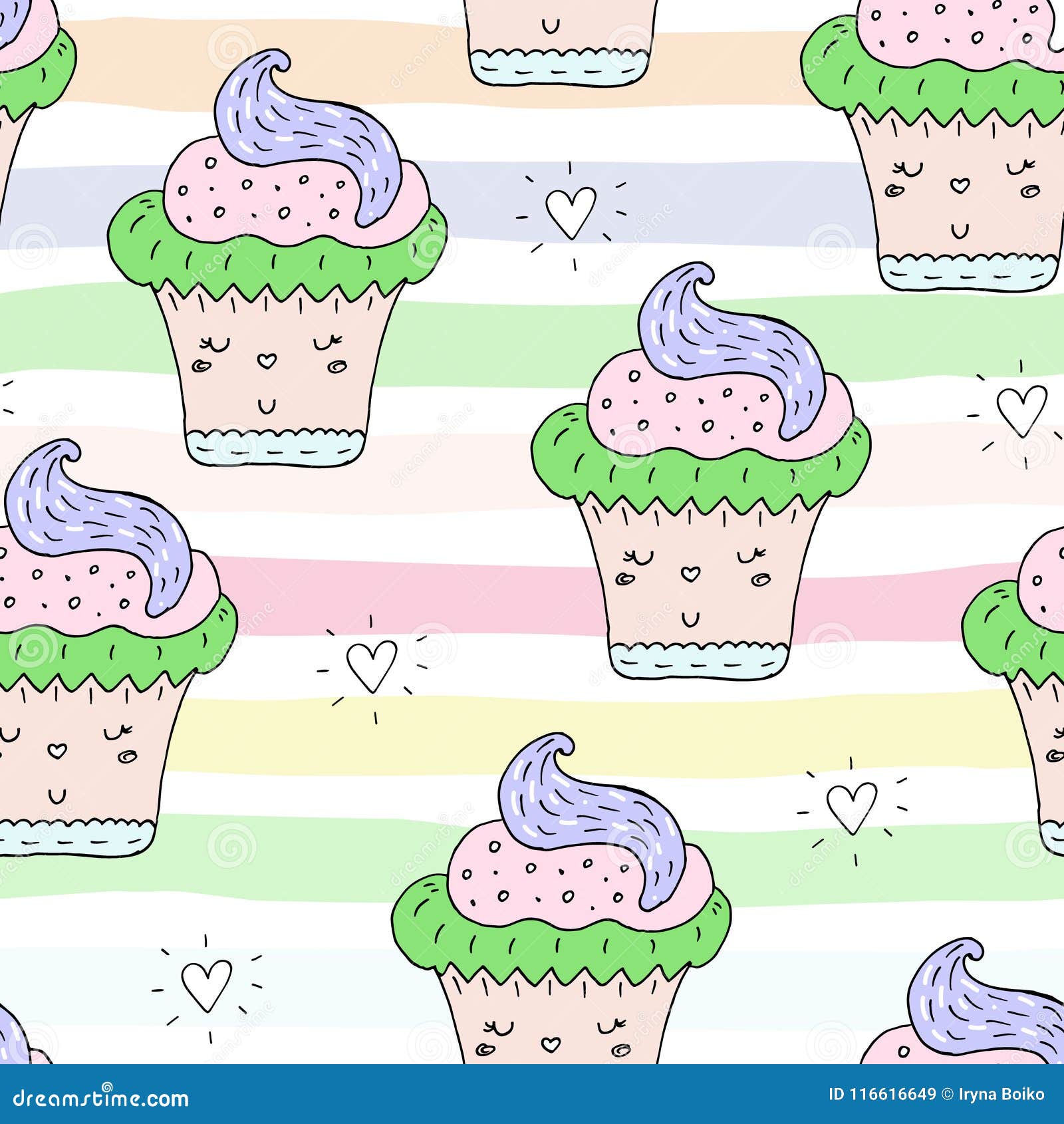 Cute Hand Drawn Seamless Pattern with Cupcake Pattern. Vector ...
