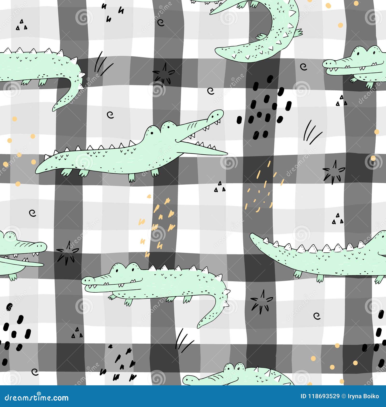 Cute Hand Drawn Seamless Pattern with Funny Crocodiles. Stock Vector ...