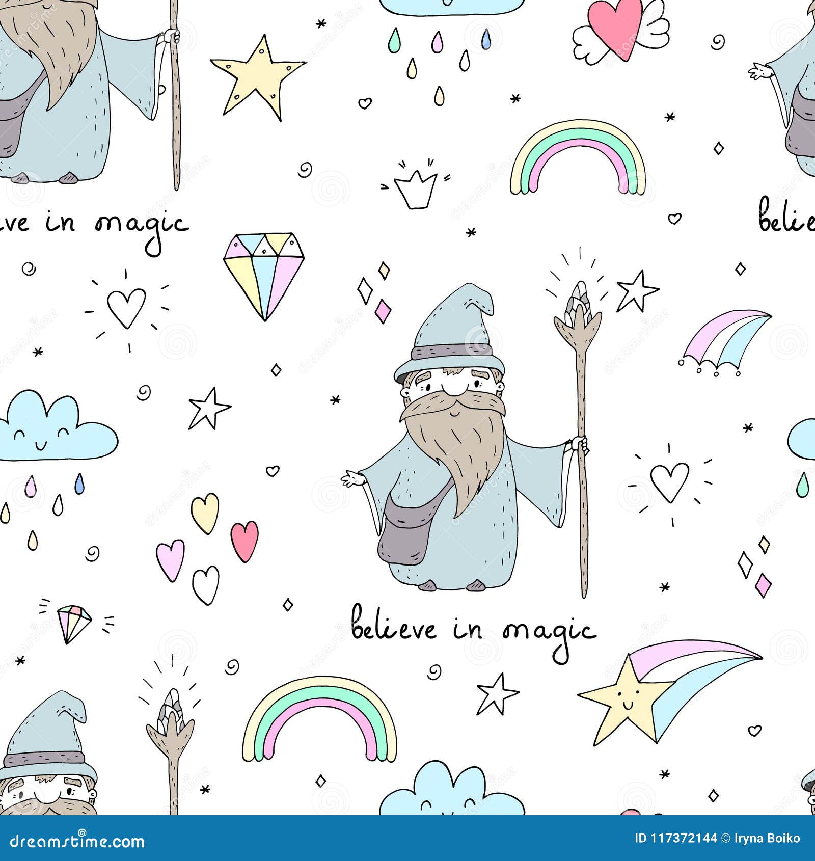 Cute Hand Drawn Seamless Pattern with Wizard. Vector Print Stock Vector ...
