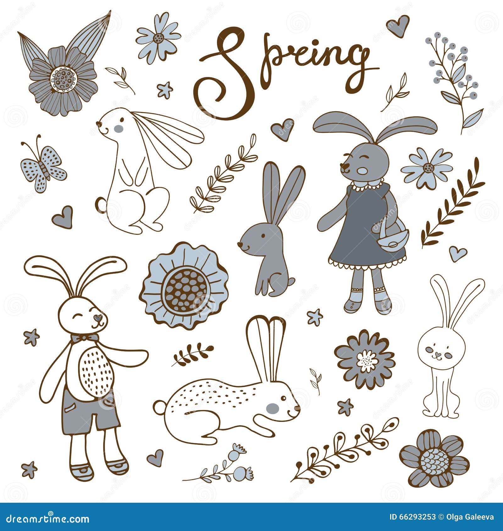 Cute Hand Drawn Spring Collection with Rabbits and Flowers Stock Vector ...