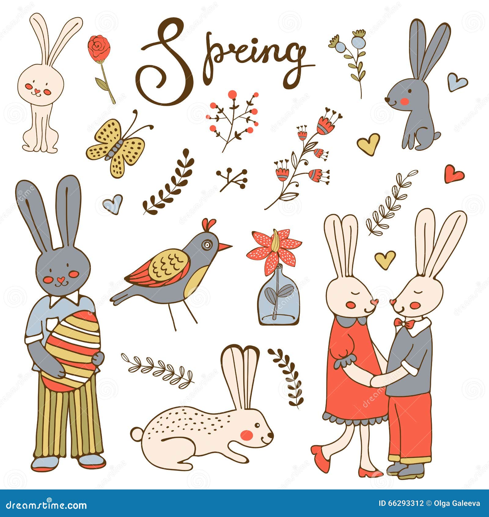 Cute Hand Drawn Spring Collection with Rabbits and Flowers Stock Vector ...