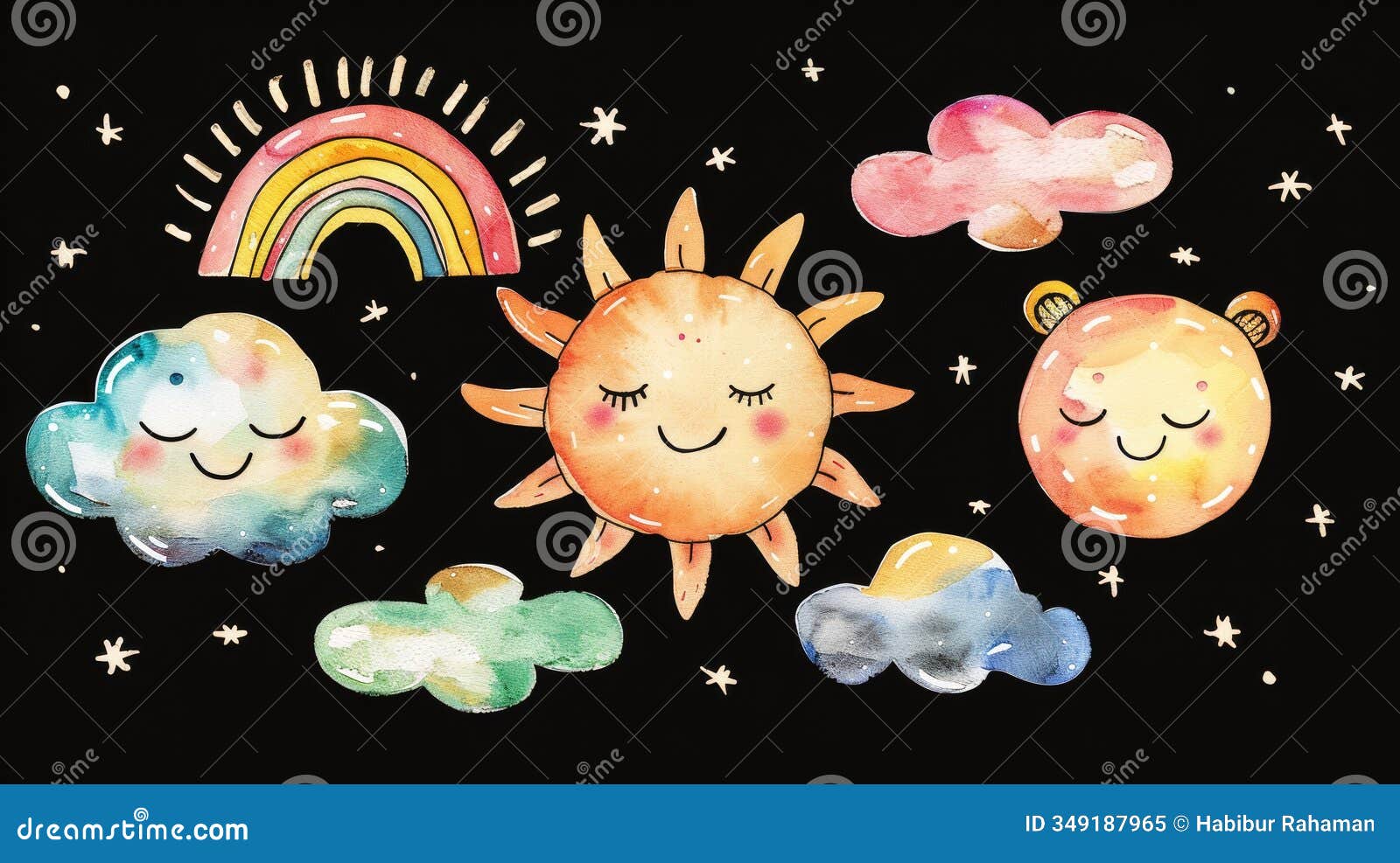 Cute Hand Drawn Sun Moon Rainbow Clouds and Stars Stock Illustration ...