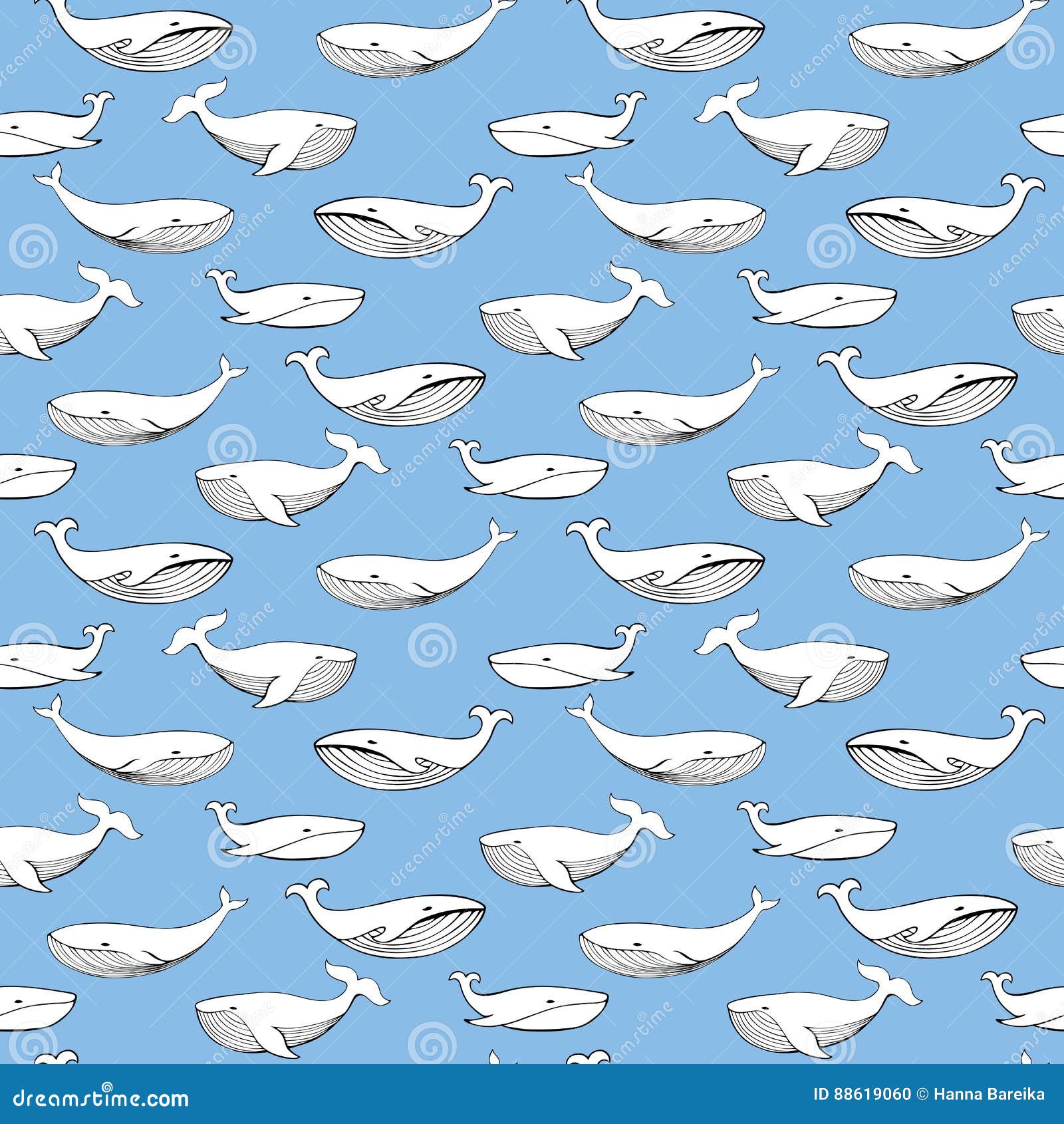 Cute Hand Drawn Whales. Monochrome Vector Seamless Pattern. Stock ...