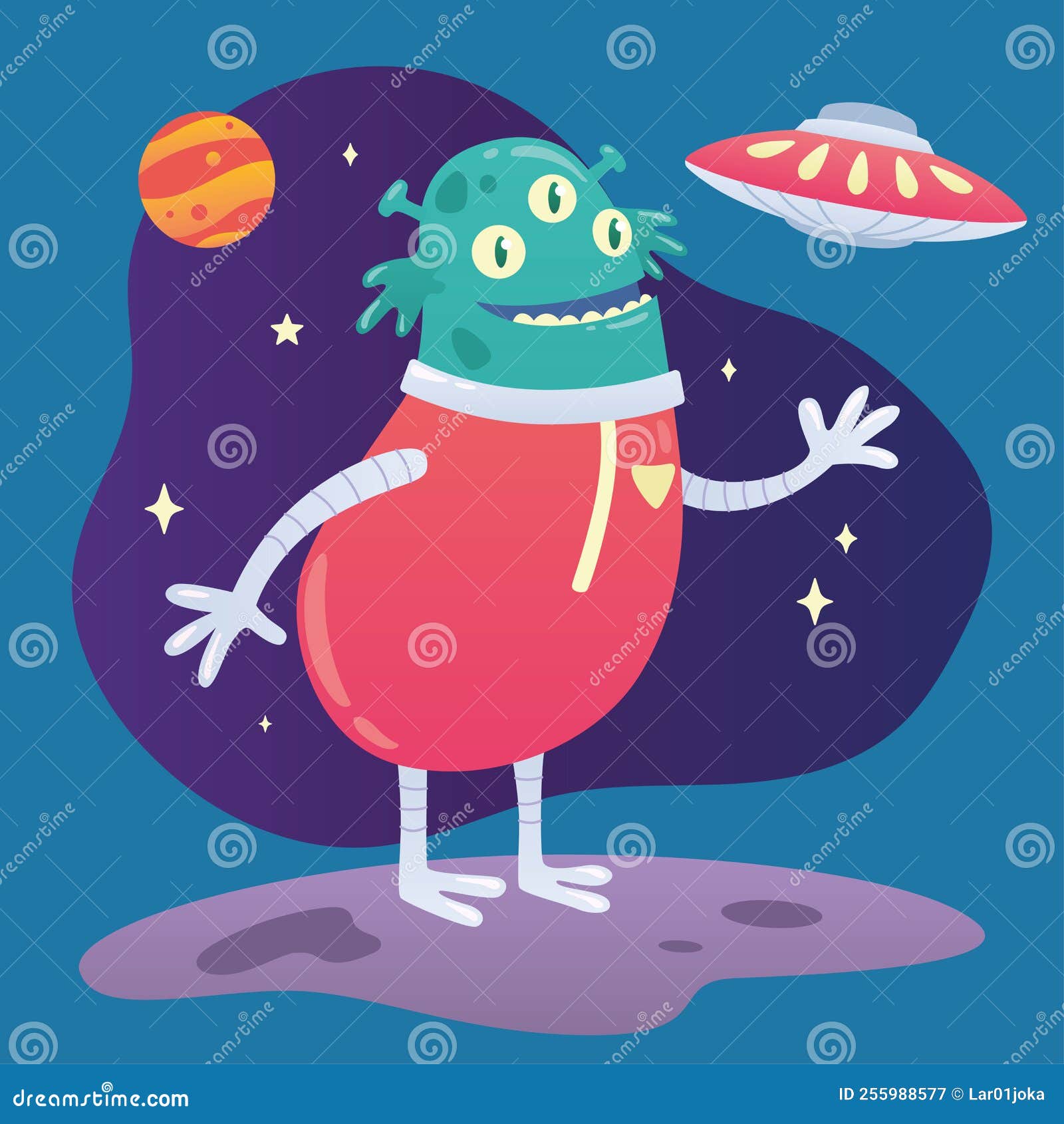Cute Happy Alien Character Waving His Hand Vector Stock Vector ...