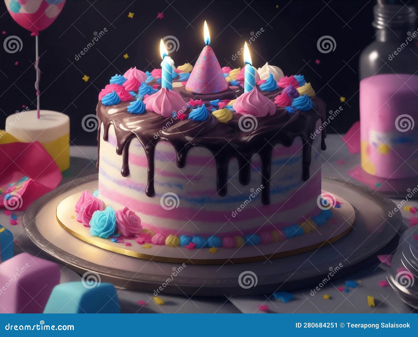 A Cute Happy Birthday Cake, Generative AI Illustration Stock ...