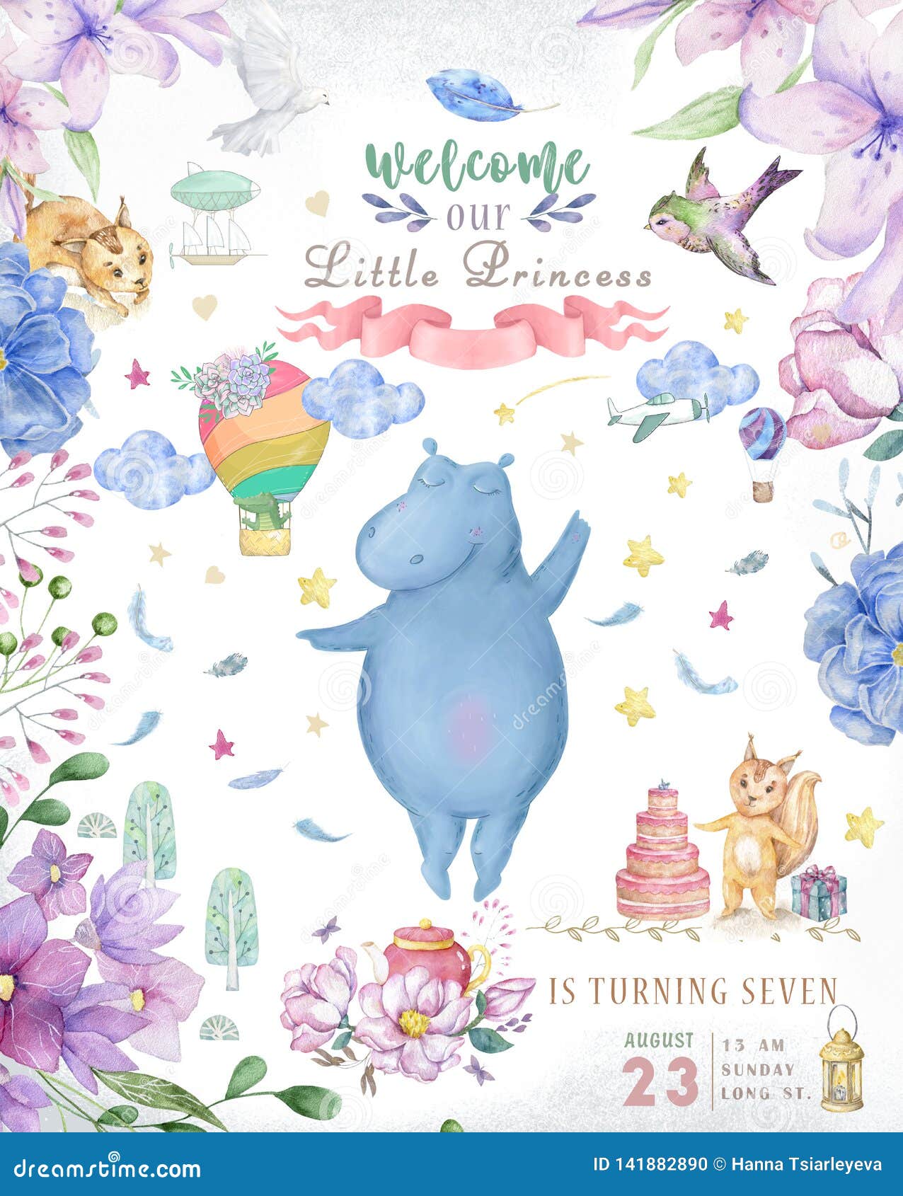 Cute Happy Birthday Card with Hippo. Watercolor Hippo and Beauty Pink ... Cute Happy Birthday Card with Hippo. Watercolor Hippo and Beauty Pink ...