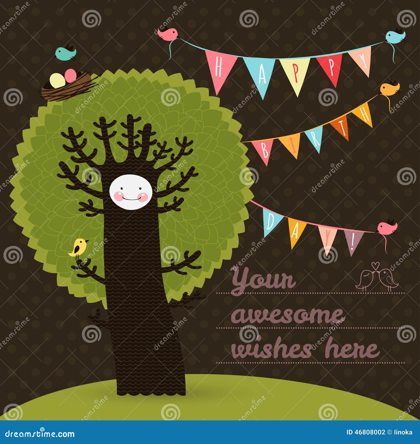 Cute Happy Birthday Card with Tree and Birds. Stock Vector ...