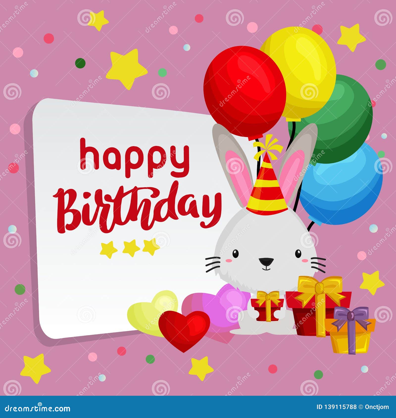 Cute Happy Birthday with Rabbit and Balloon Stock Vector - Illustration ...