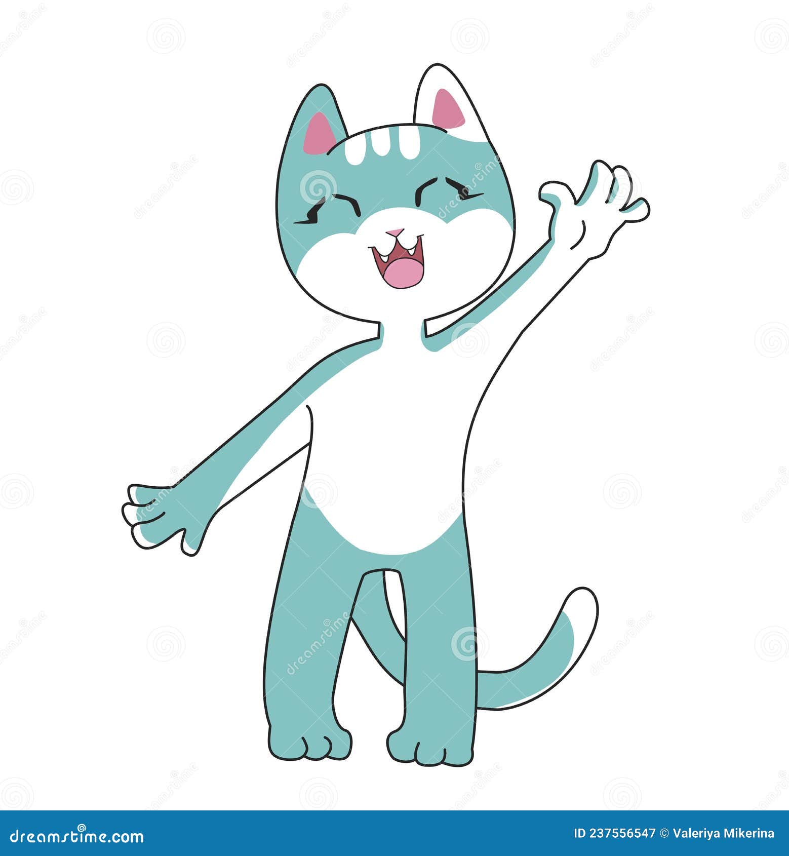 Cute Happy Blue Cat Smiling and Waving Stock Illustration ...