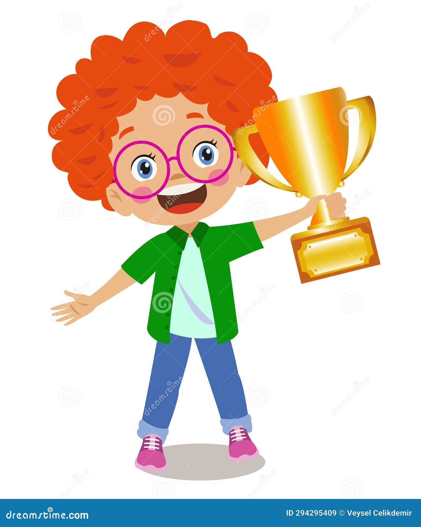 Cute Happy Boy Holding Golden Trophy Stock Illustration - Illustration ...