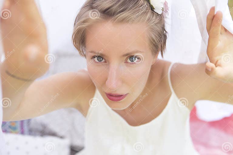 Cute Happy Caucasian Woman With Short Haircut In White Dress In Stock