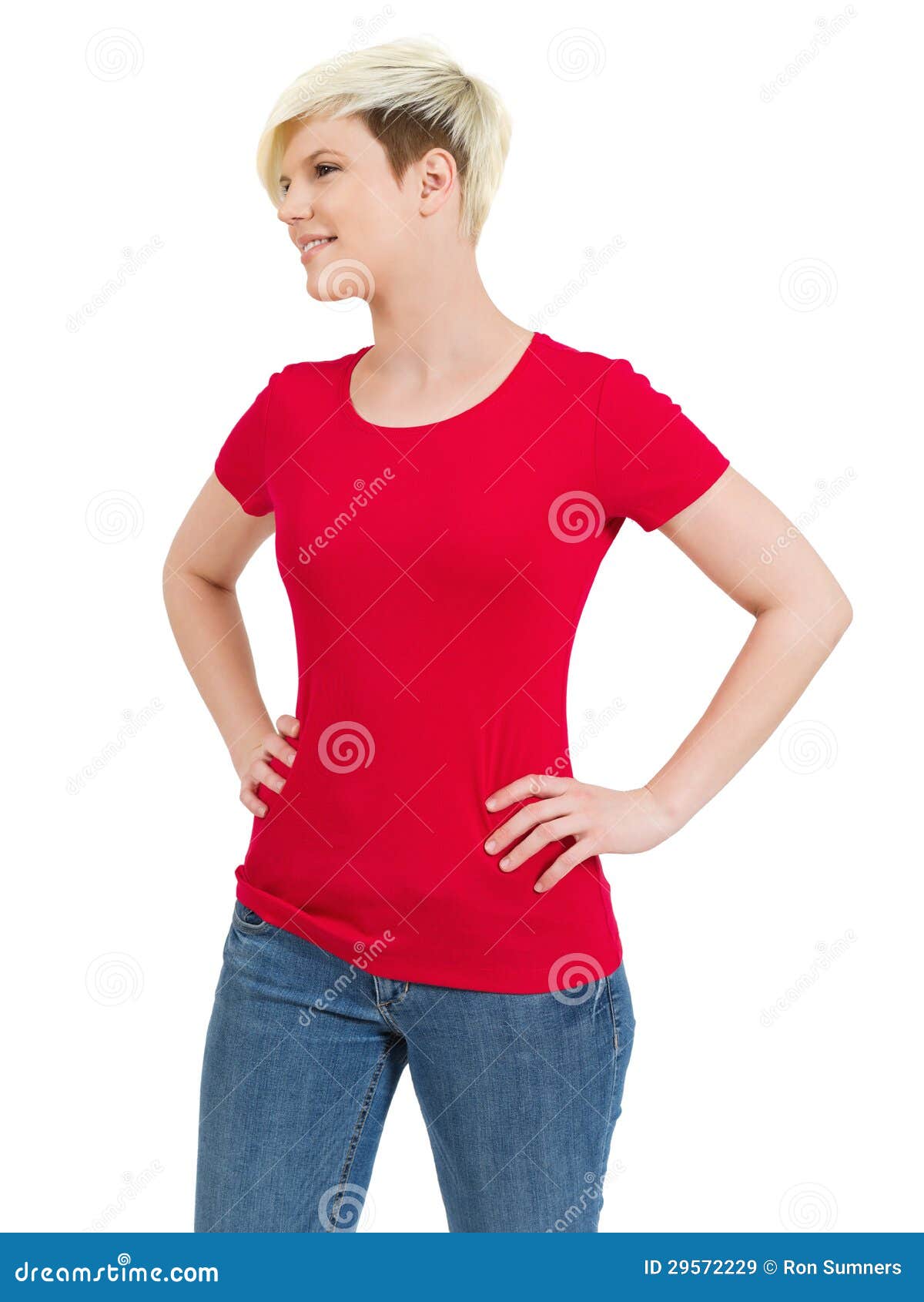 Cute Happy Female with Blank Red Shirt Stock Image - Image of posing ...