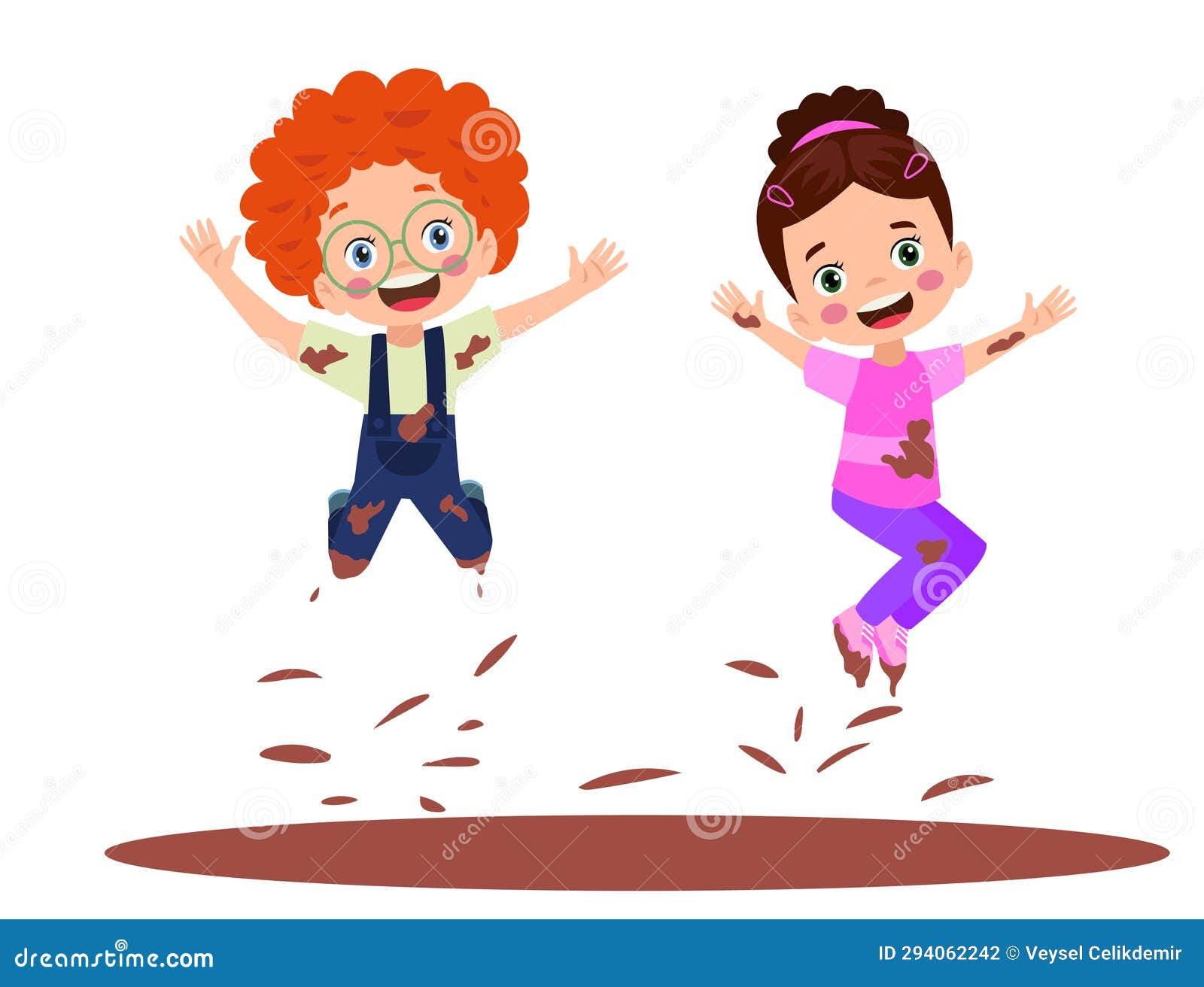 Cute Happy Kids Jumping in Mud Stock Illustration - Illustration of ...