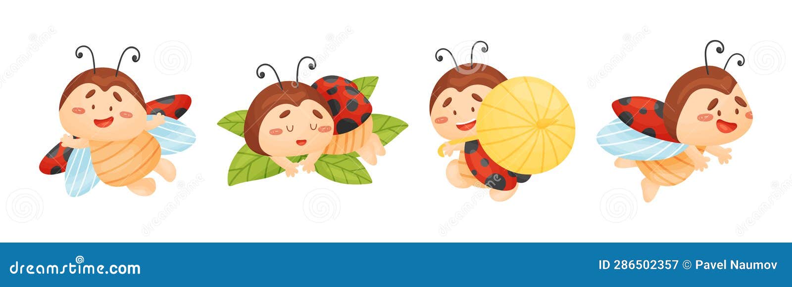 Cute Happy Ladybug with Spotted Wings Vector Set Stock Vector ...