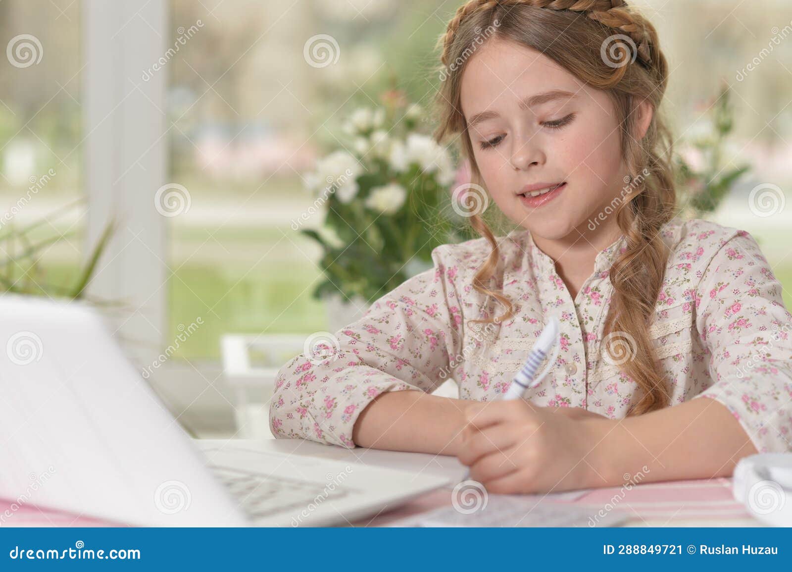 Cute and Happy Little Girl Children Using Laptop Computer Stock Image ...