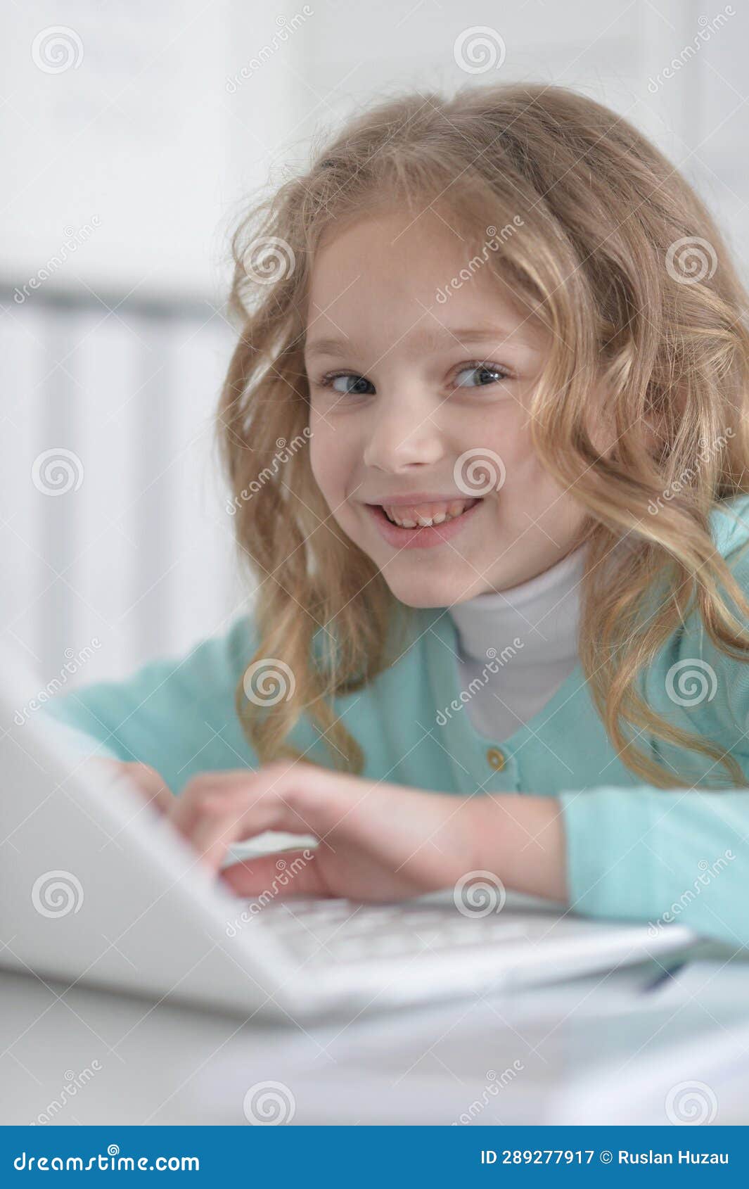 Cute and Happy Little Girl Children Using Laptop Computer Stock Image ...