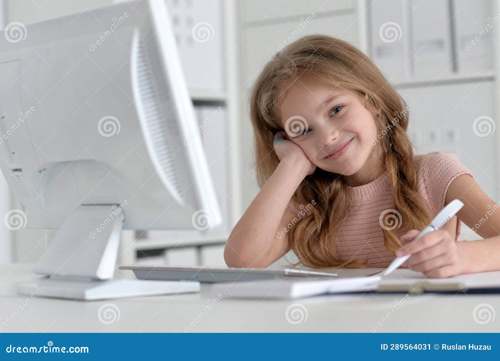 Cute and Happy Little Girl Children Using Laptop Computer Stock Image ...