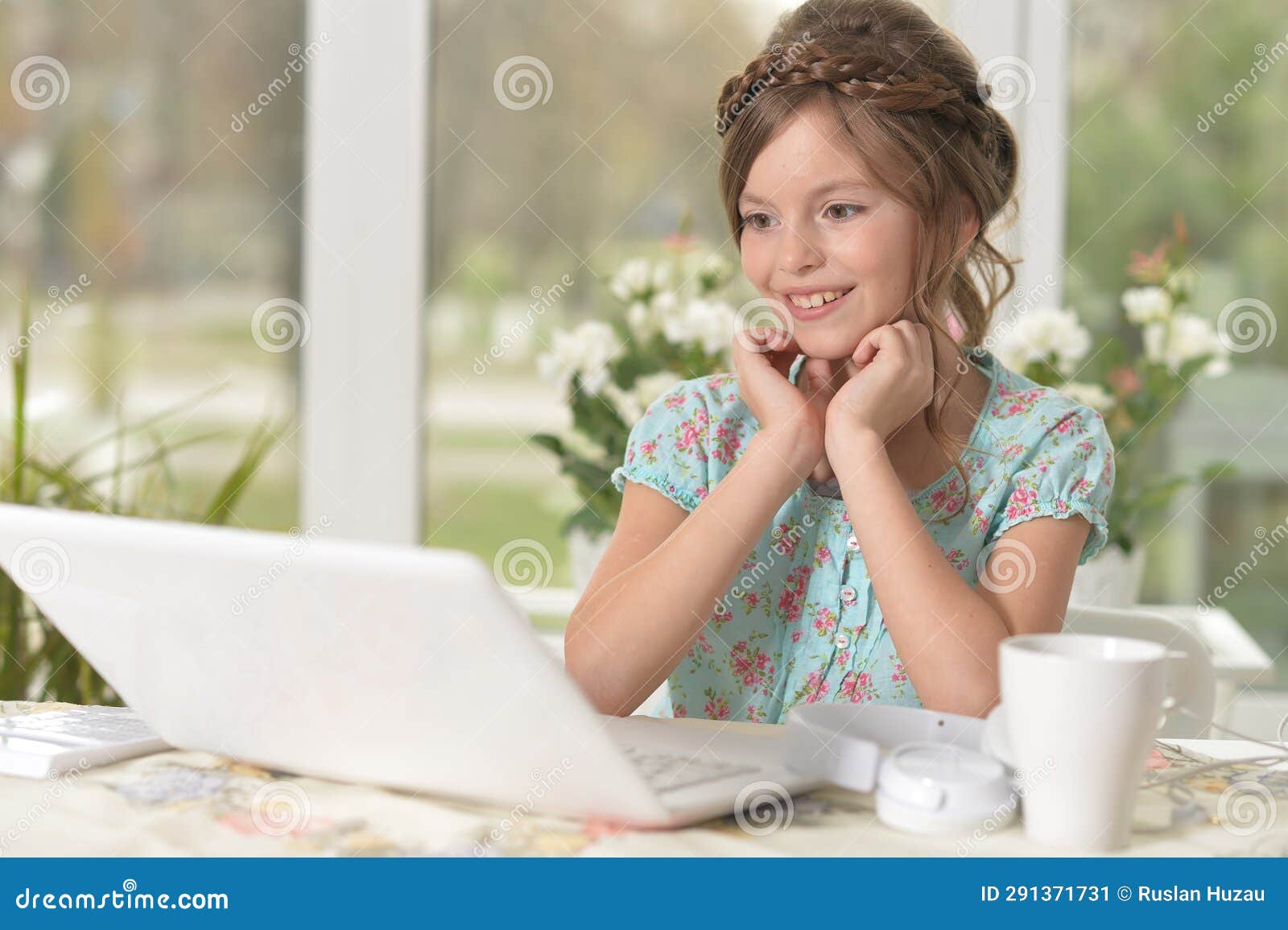 Cute and Happy Little Girl Children Using Laptop Computer Stock Image ...