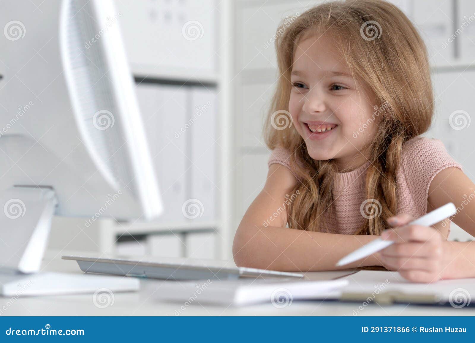 Cute and Happy Little Girl Children Using Laptop Computer Stock Photo ...