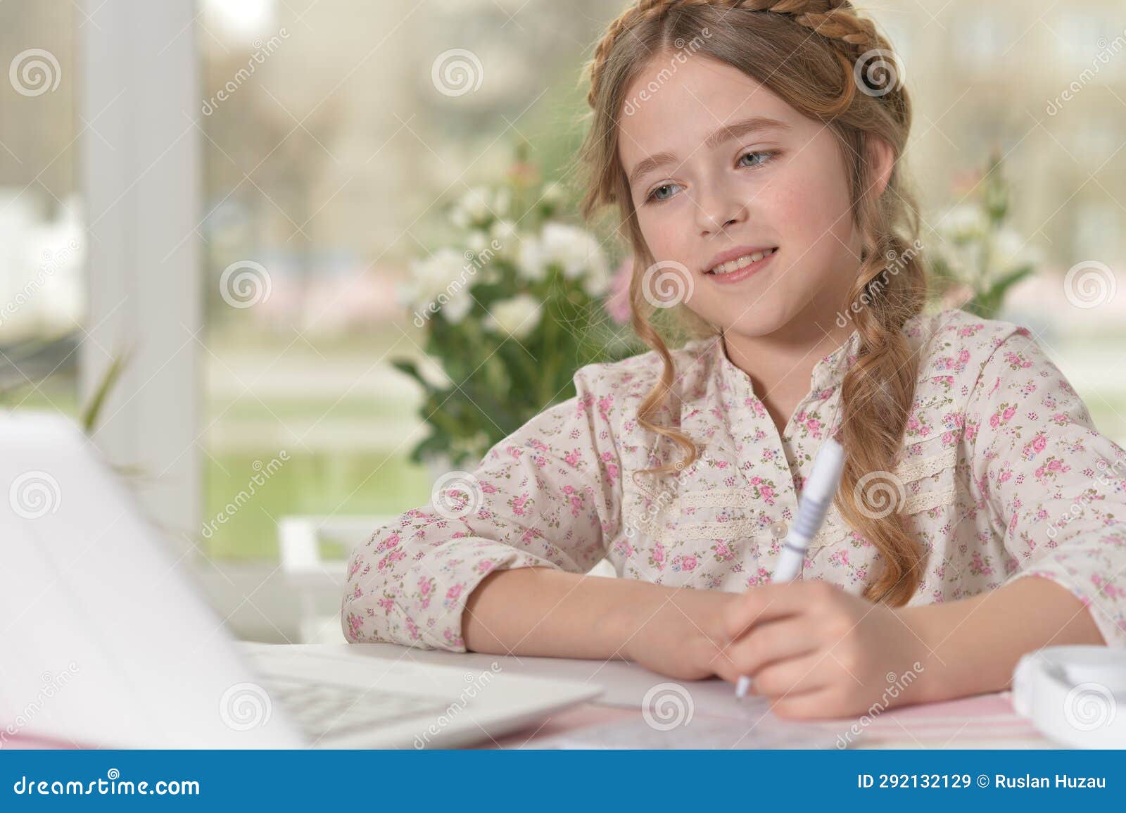 Cute and Happy Little Girl Children Using Laptop Computer Stock Image ...