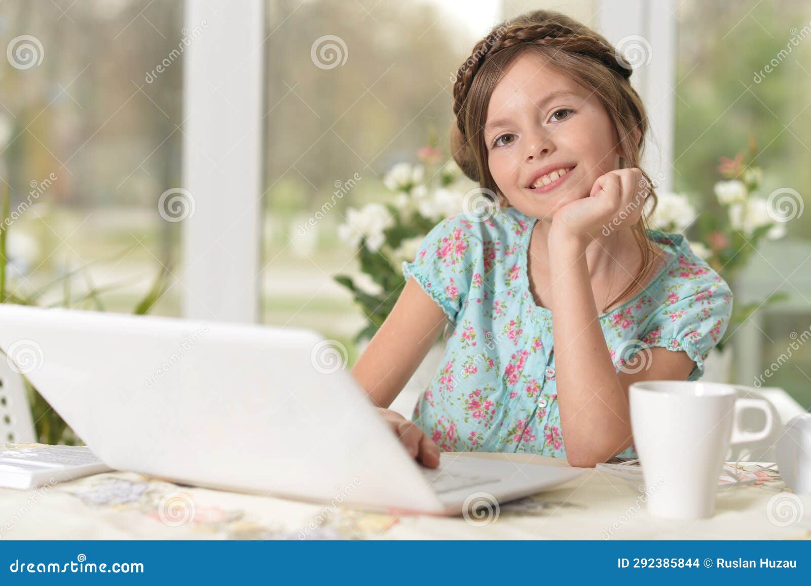 Cute and Happy Little Girl Children Using Laptop Computer Stock Photo ...
