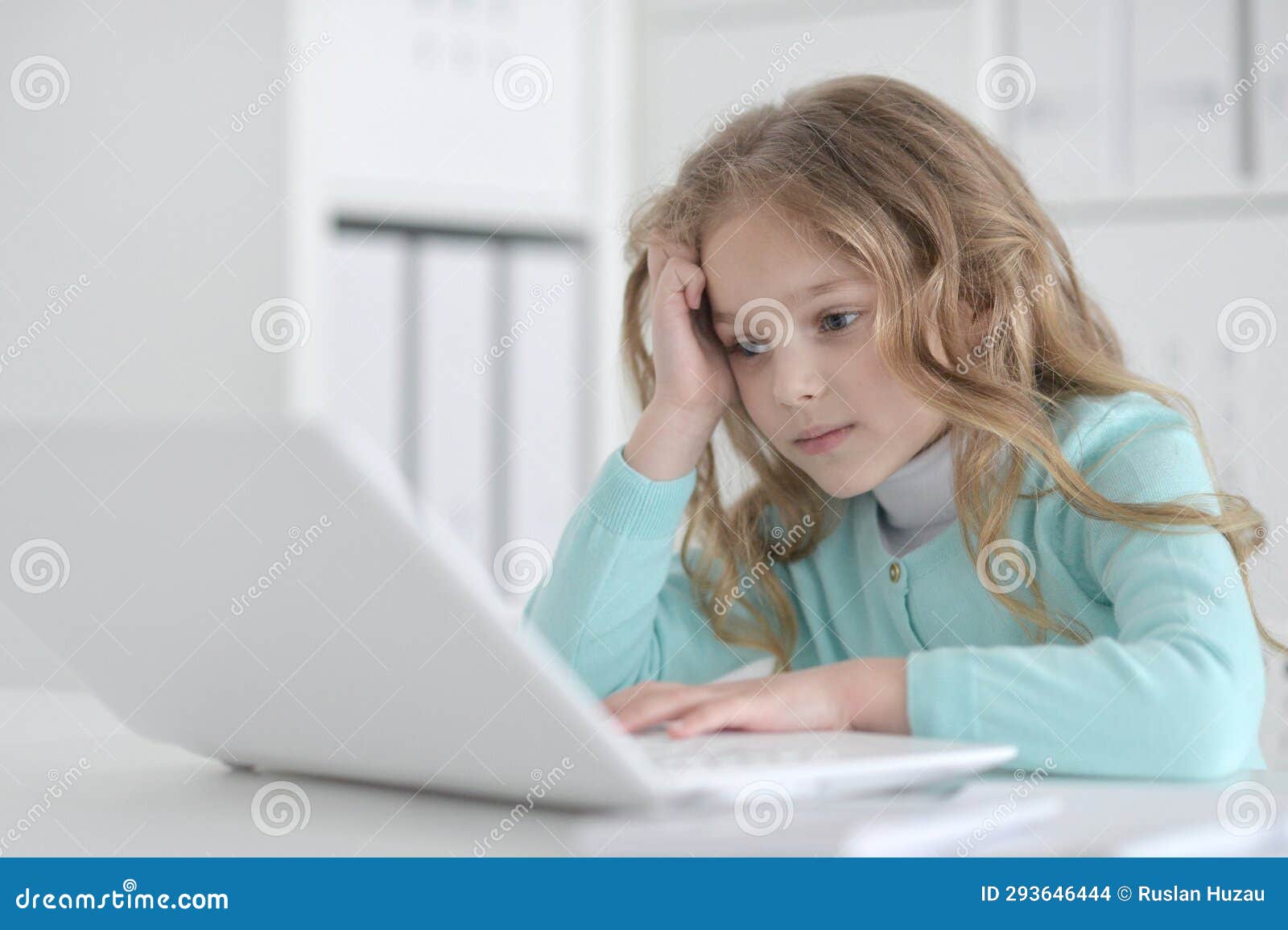 Cute and Happy Little Girl Children Using Laptop Computer Stock Photo ...