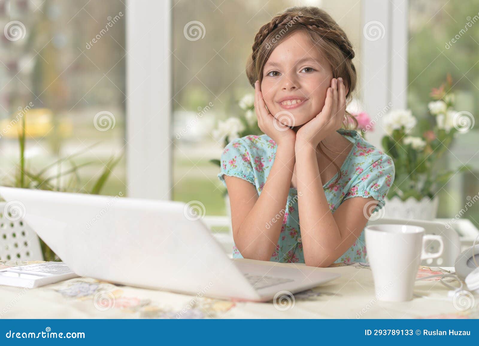 Cute and Happy Little Girl Children Using Laptop Computer Stock Image ...