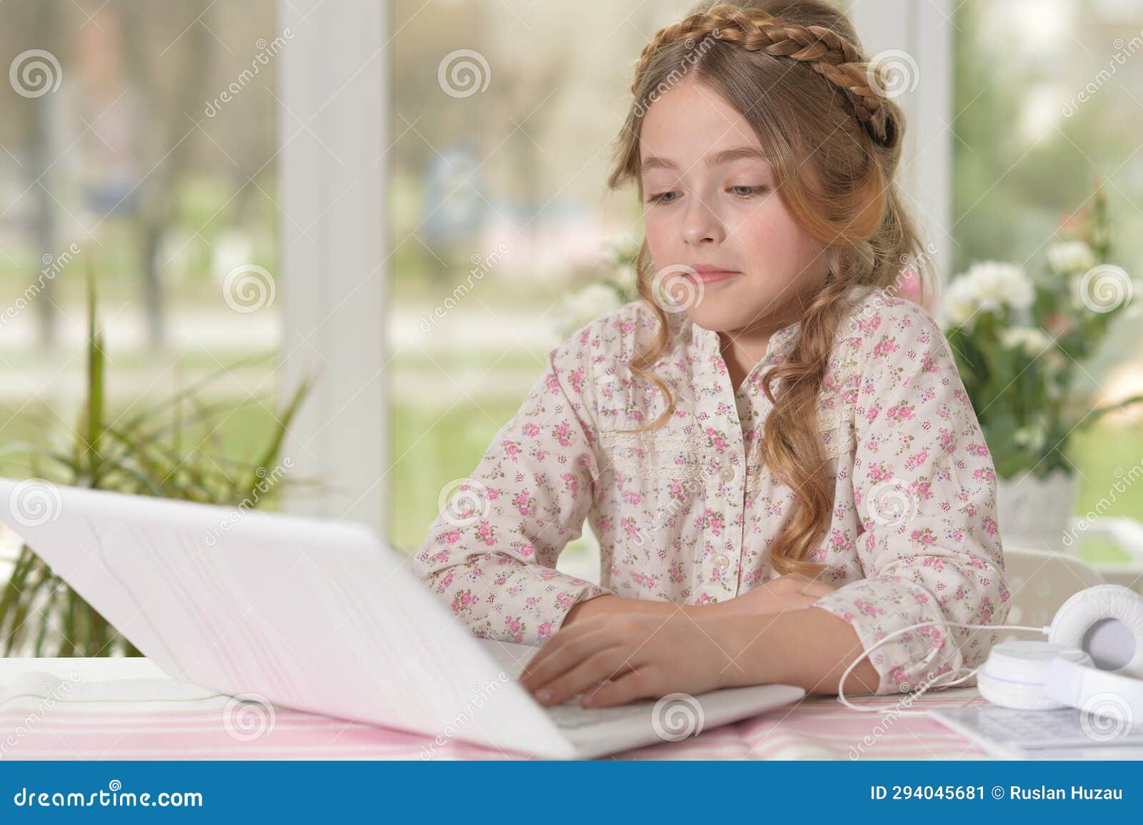 Cute and Happy Little Girl Children Using Laptop Computer Stock Image ...