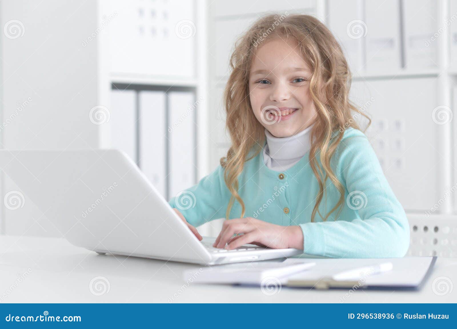 Cute and Happy Little Girl Children Using Laptop Computer Stock Photo ...