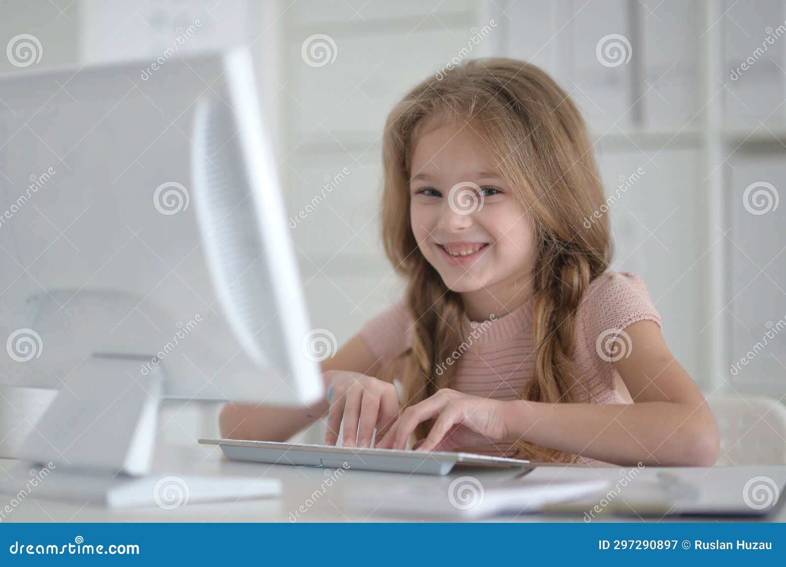 Cute and Happy Little Girl Children Using Laptop Computer Stock Image ...