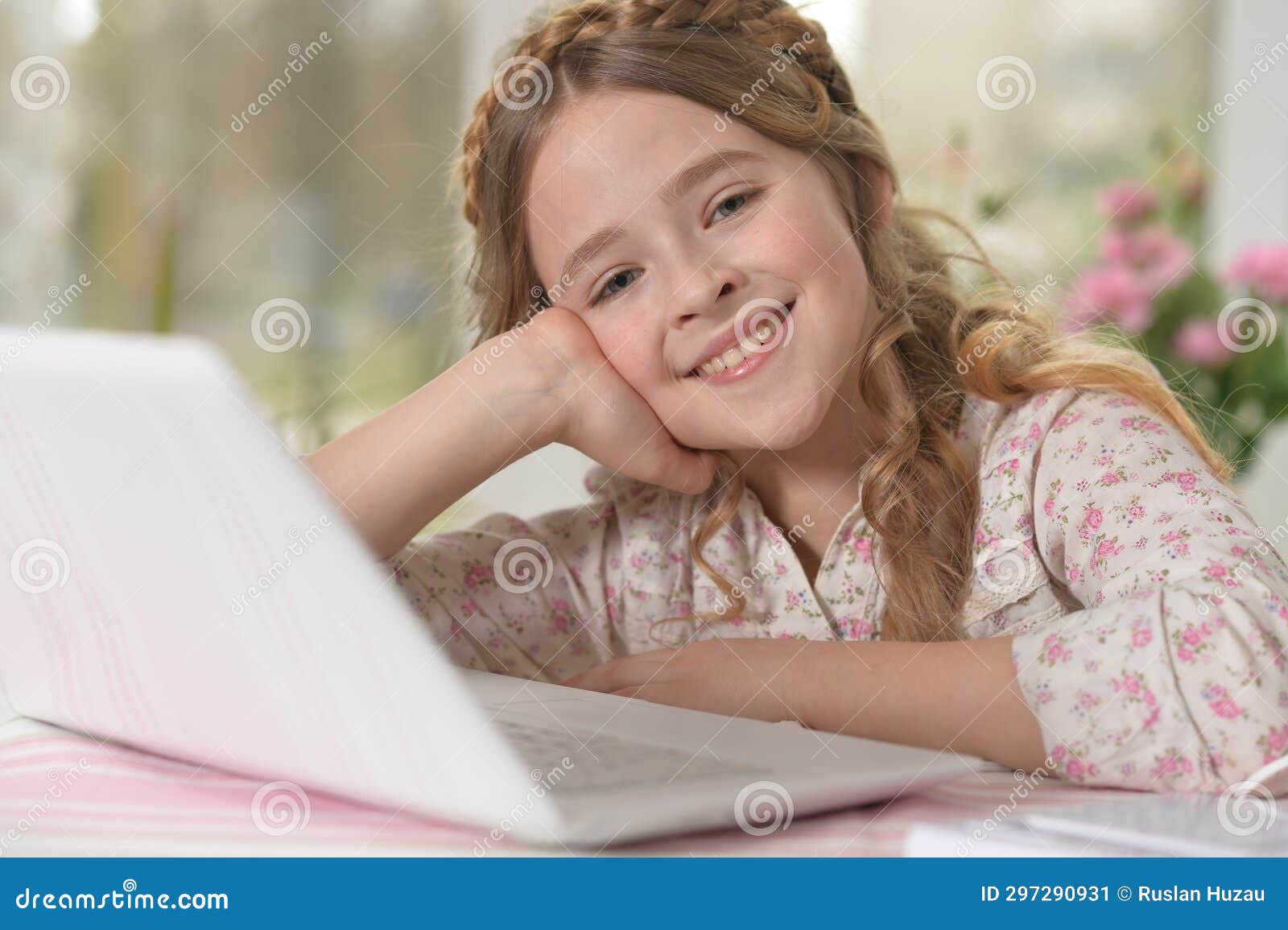 Cute and Happy Little Girl Children Using Laptop Computer Stock Image ...