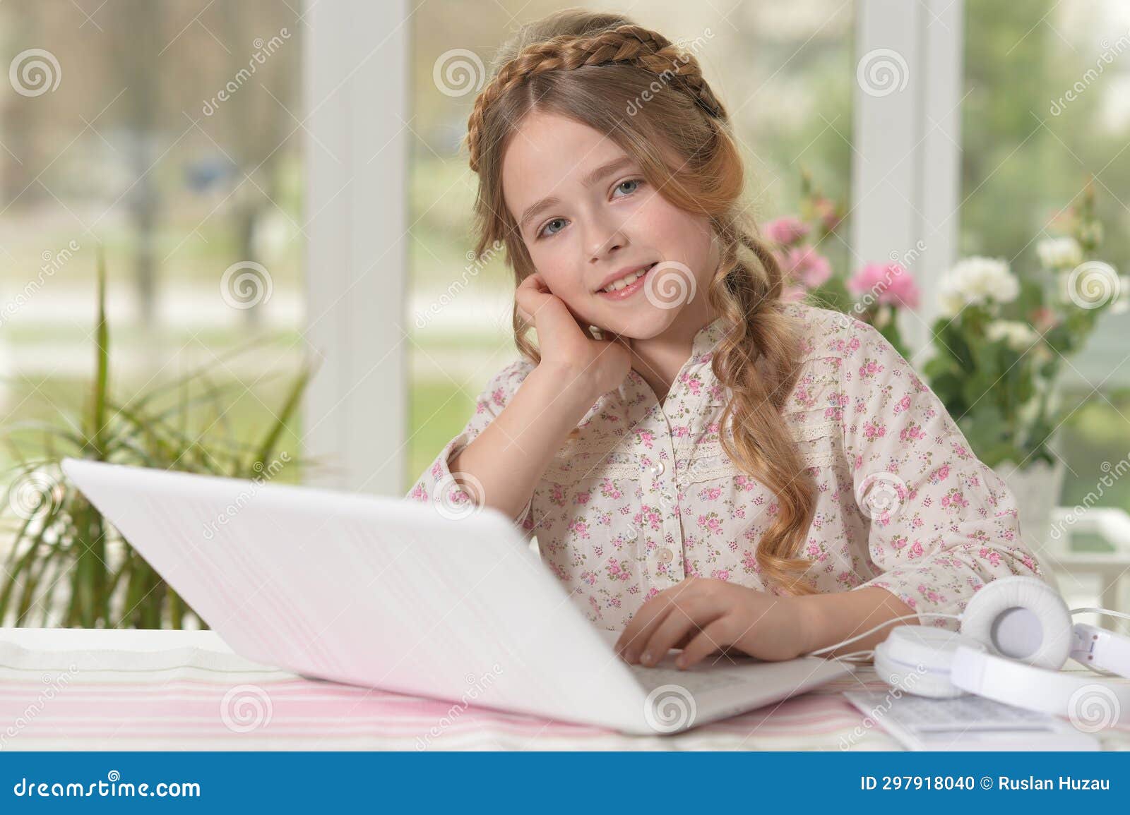 Cute and Happy Little Girl Children Using Laptop Computer Stock Photo ...