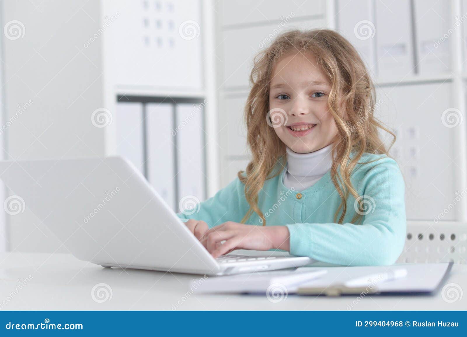 Cute and Happy Little Girl Children Using Laptop Computer Stock Photo ...