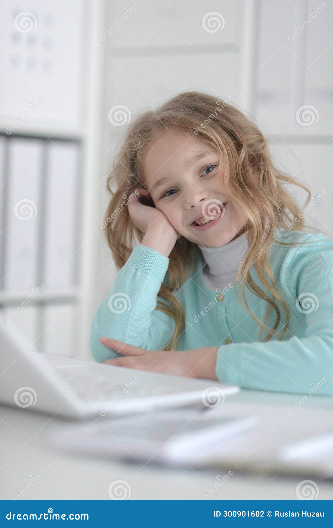 Cute and Happy Little Girl Children Using Laptop Computer Stock Photo ...