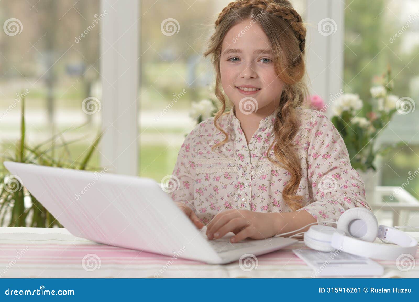 Cute and Happy Little Girl Children Using Laptop Computer Stock Image ...