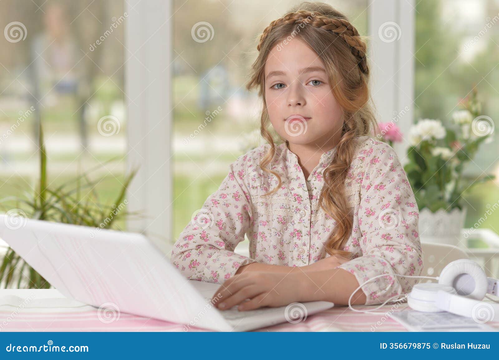 Cute and Happy Little Girl Children Using Laptop Computer Stock Image ...