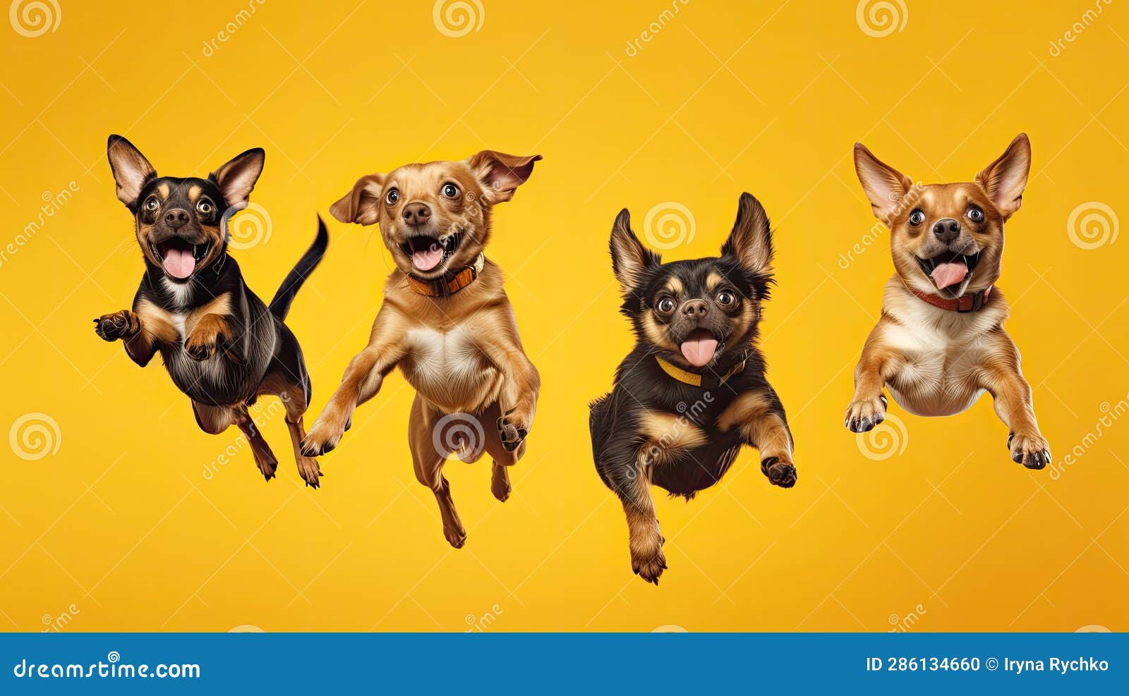 Cute Happy Pets Dogs Jumping, Flying on Yellow Studio Background, Ai ...