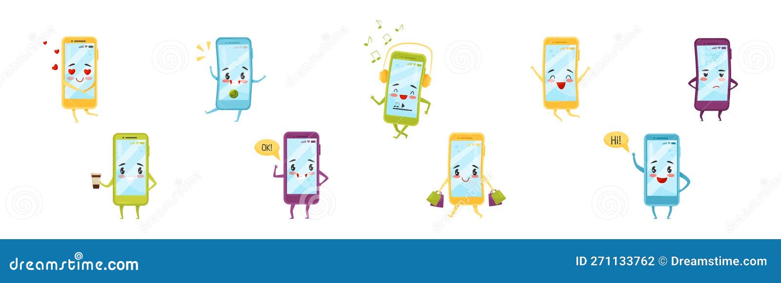 Cute Happy Smartphone Character Engaged in Different Activity Vector ...