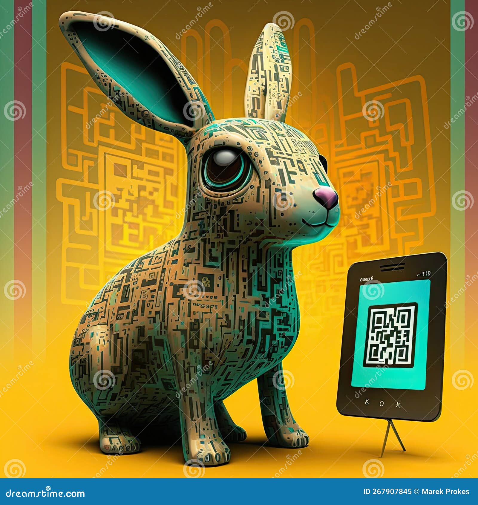 A Cute Hare or Rabbit is Sitting in an Orange Space. Next To it Stands ...