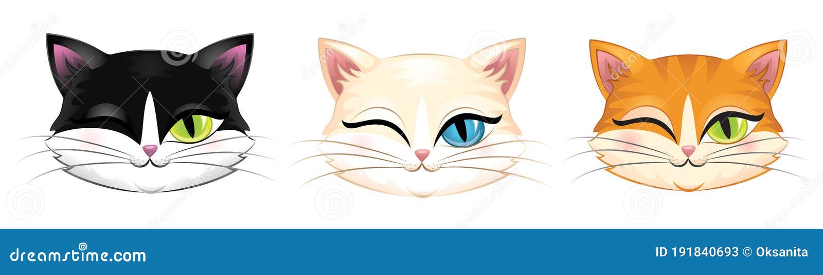 Cute Heads of Different Cats Winking. Isolated on White Stock Vector ...