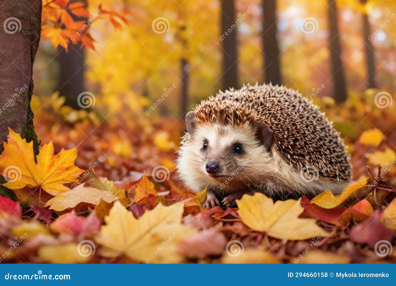 Cute Hedgehog among Fall Leaves on Blurred Background Stock ...