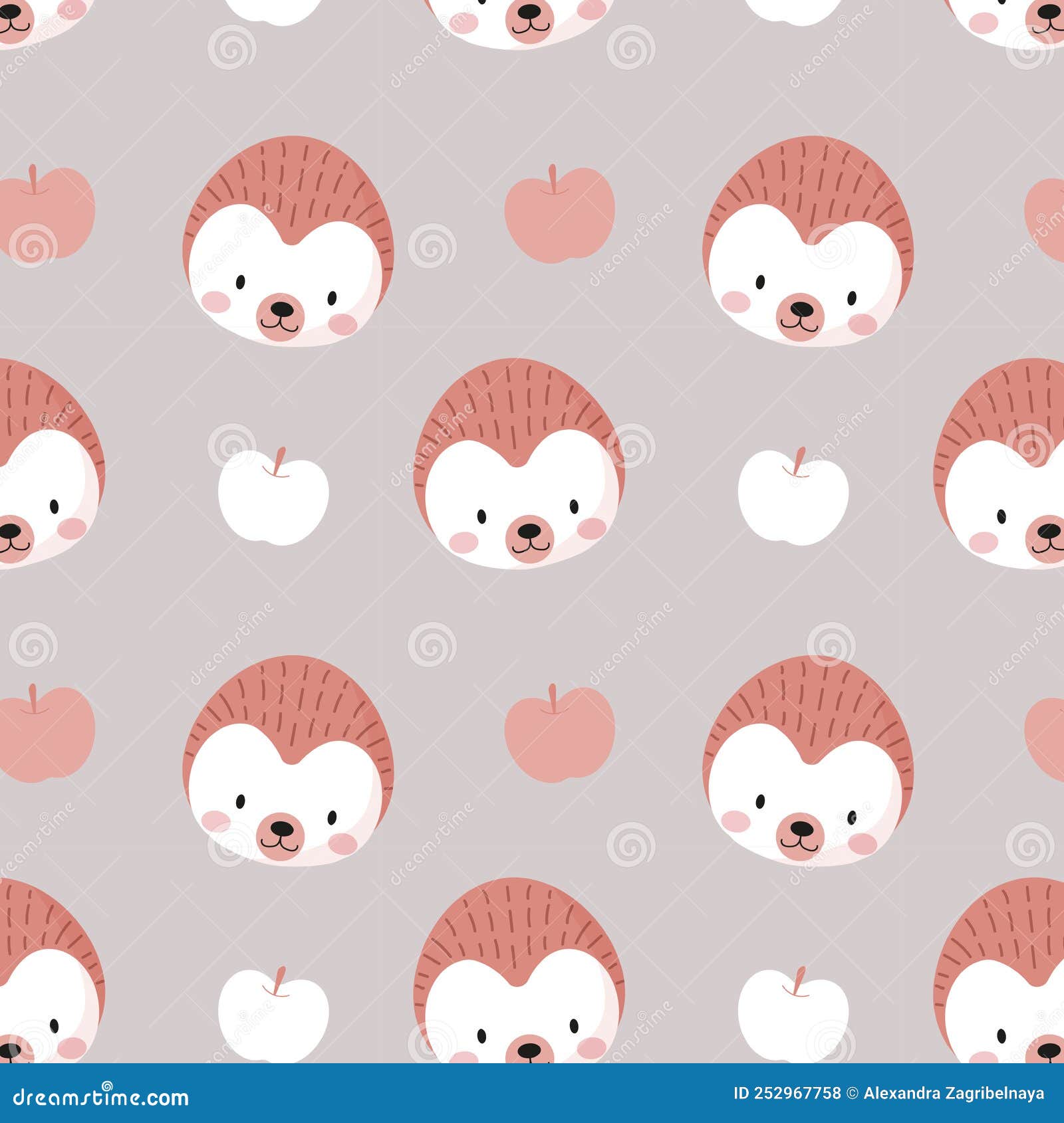 Cute Hedgehog Seamless Pattern, Animal Muzzle with Apples Vector ...