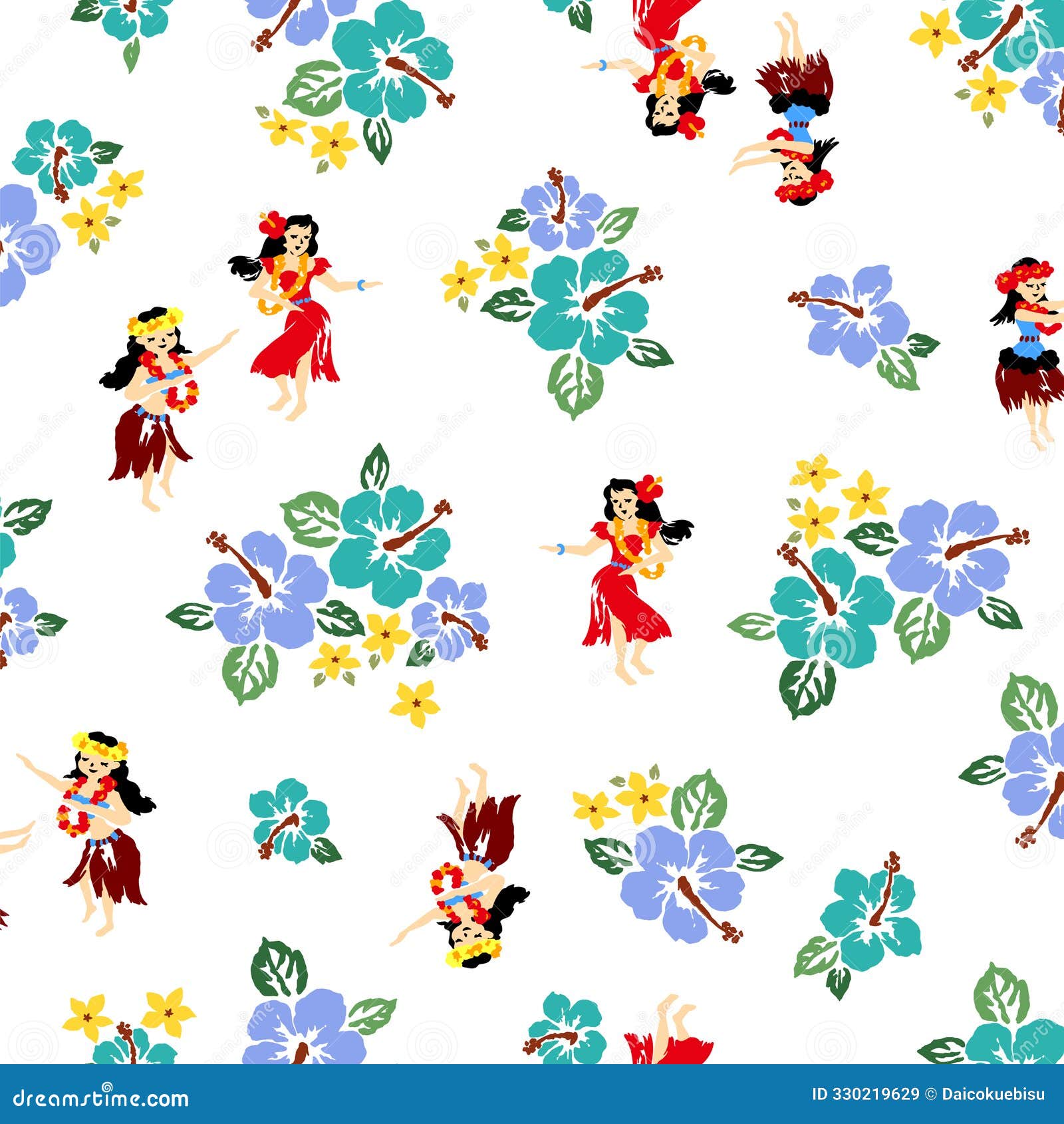 Cute Hibiscus and Hula Dancer Seamless Pattern, Stock Illustration ...